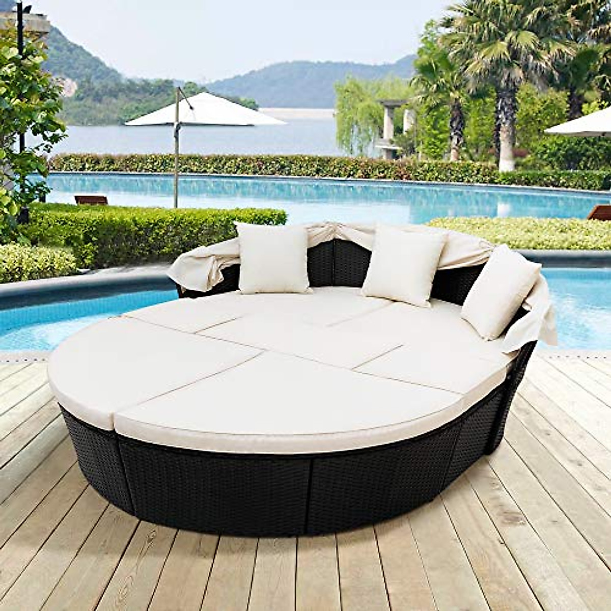 MOEO Outdoor Rattan Patio Furniture Round Daybed Sunbed with Retractable Canopy, All-Weather Wicker Sectional Sofa Set w/Washable Cushions for Garden, Porch, Backyard, Beige