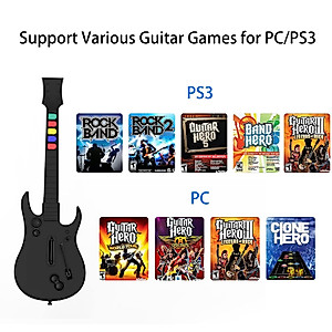 NBCP Guitar Hero Controller PC, Wireless PlayStation 3 PS3 /PC Guitar Hero Guitar with Dongle for Clone Hero, Guitar Hero 3/4/5 Rock Band 1/2 Games Black