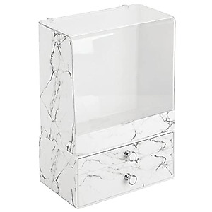 mDesign Decorative Stackable Plastic Makeup Organizers for Bathroom Vanity, Countertop, Cabinet - Easy-Access Cosmetic Storage, 2 Drawer Unit and Tall Bin Box with Lid - Set of 2 - Marble