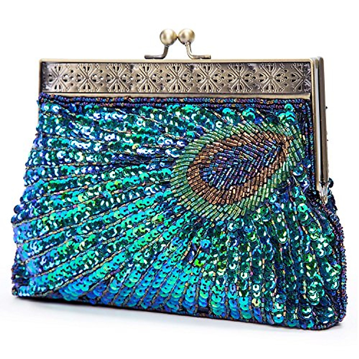 UBORSE Beaded Sequin Peacock Blue Evening Clutch Bags Party Wedding Purse