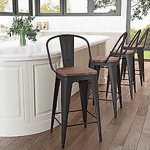 Aklaus Metal Bar Stools Set of 4,26 inch Barstools Counter Height Bar Stools with Backs Farmhouse Bar Stools with Larger seat High Back Kitchen Dining Chairs Modern Bar Chairs Matte Black Stool