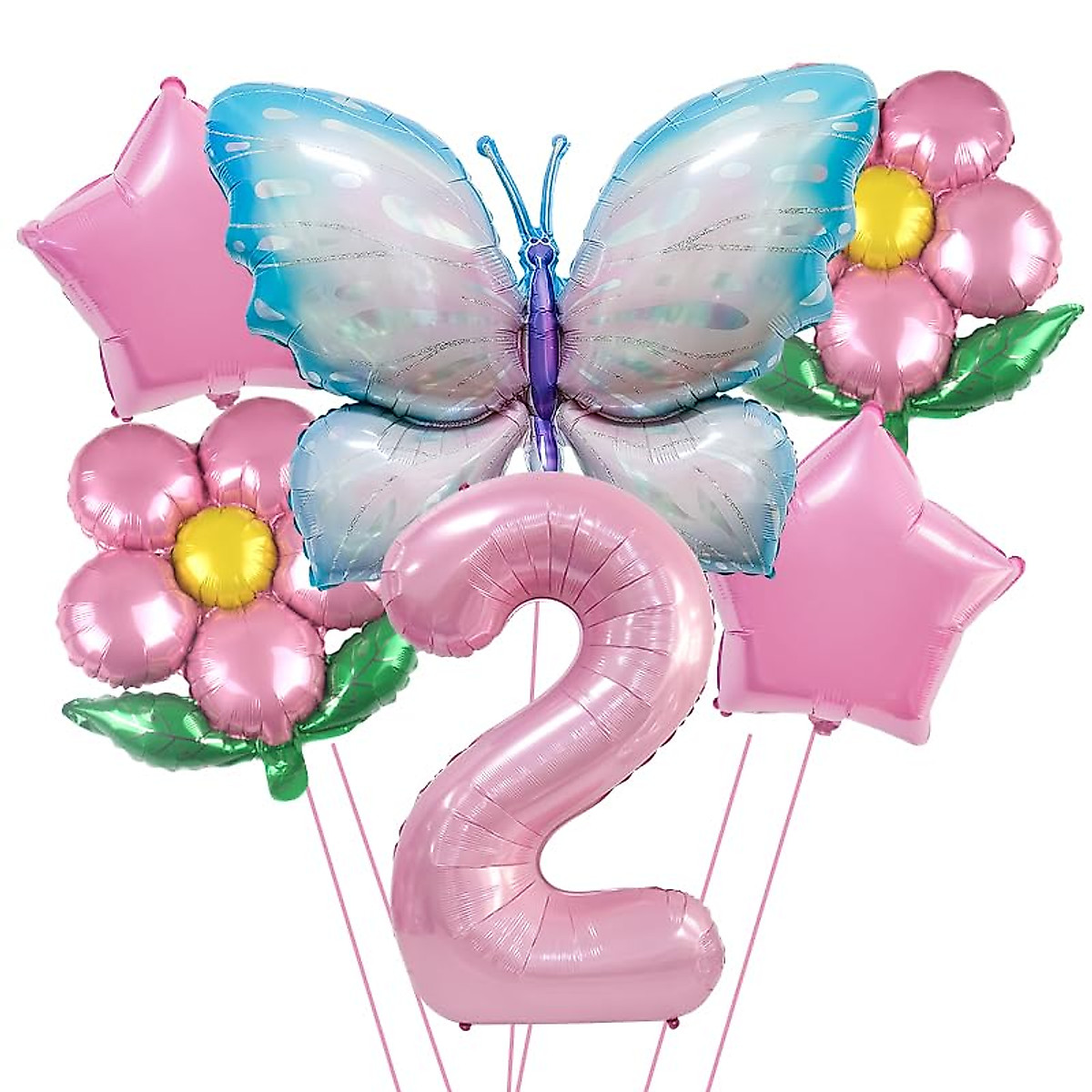 2nd Birthday Decorations Butterfly Balloon,Pink Blue Butterfly Fairy Floral Foil Balloons for Girl 2 Years Old Birthday Party Decorations Baby Shower Supplies…