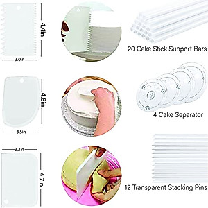 PJ Vital, Cake Dowels Stand, Plastic Cake Plates Set, 4 Cake Separator Plates With 20 Transparent Sticks Rods, 12 Stacking Pins, 3 Scrappers, Tiered Cake Party Supplies Kit. (Without Nozzles)