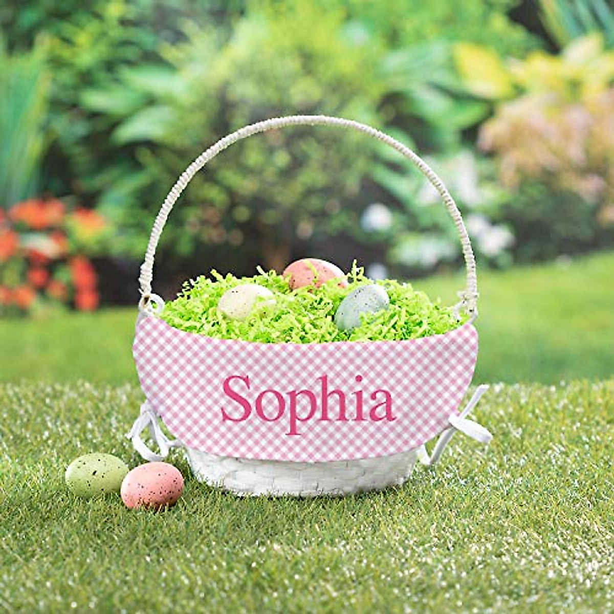 Personalized Easter Egg Basket with Handle and Custom Name | Pink Gingham Easter Basket Liners | White Basket | Woven Easter Baskets for Kids and Adults | Customized Easter Basket | Gift for Easter