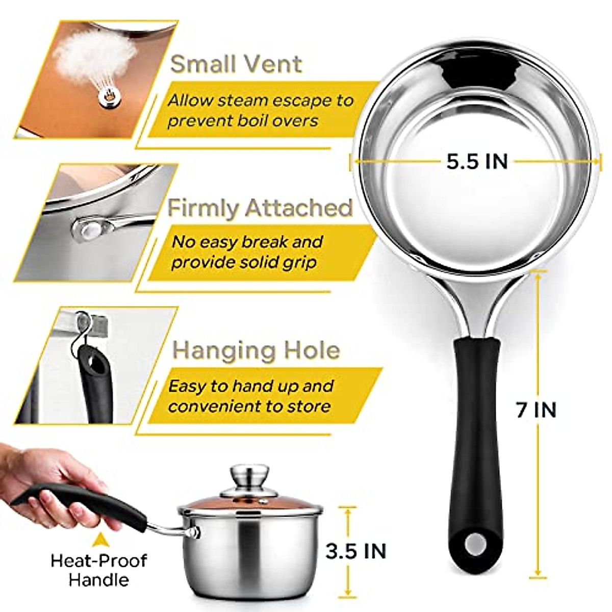 1 Quart Saucepan with Lid, E-far Stainless Steel Small Sauce Pot with Glass Lid for Cooking, Easy Clean & Rust Free, Dishwasher Safe