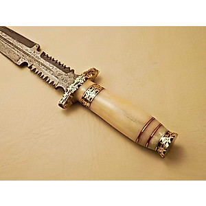 Skokie Knives Handmade Damascus Steel Dagger Knife - :Original Camel Bone Handle - with Brass Spacer and Red Fiber Sheet