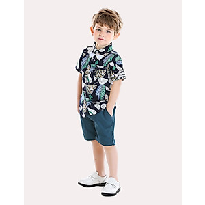 JunNeng Toddler Baby Boy Shorts Sets Hawaiian Outfit,Infant Kid Leave Floral Short Sleeve Shirt Top+shorts Suits Dark Blue