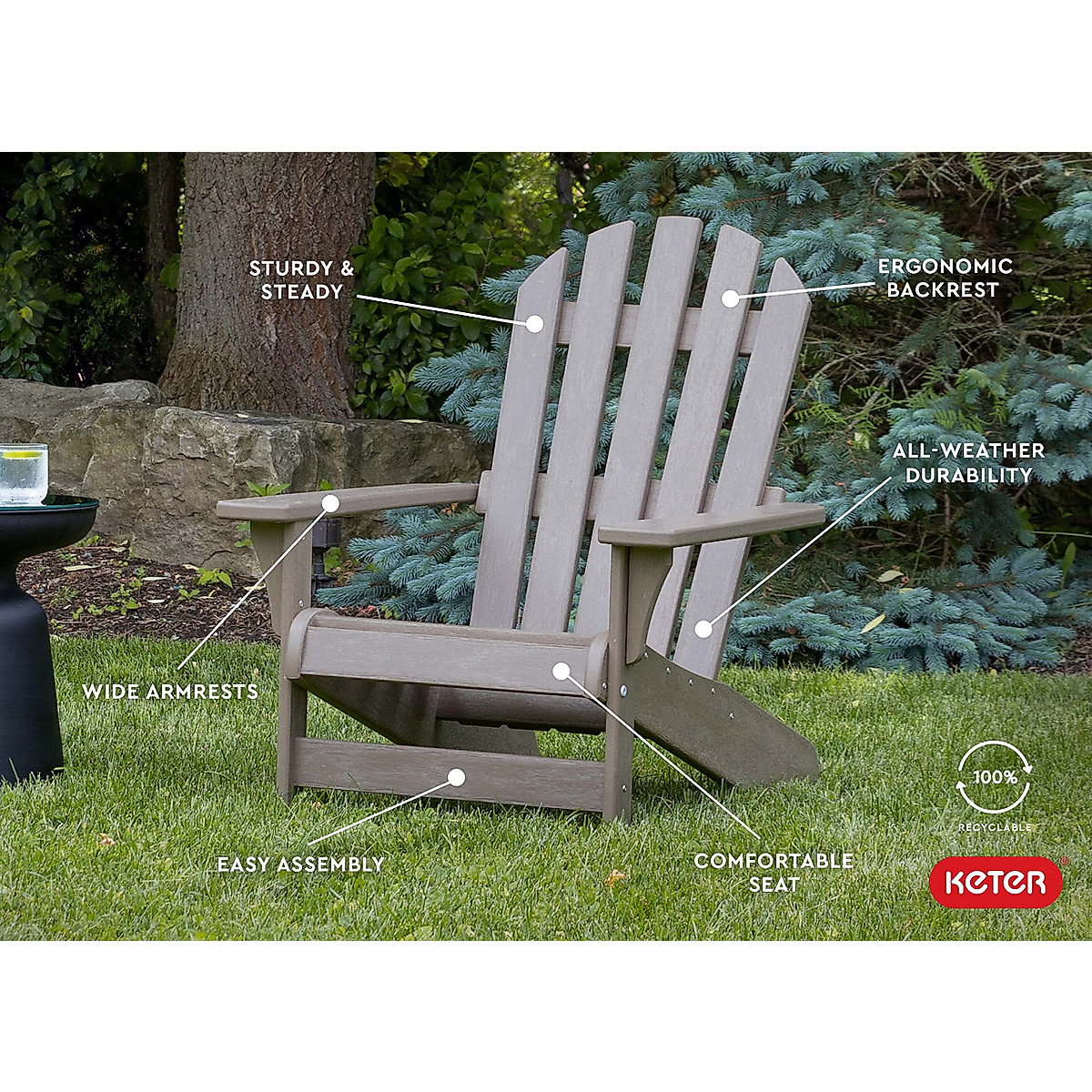 Keter Tahoe Adirondack Chair with Weatherproof Finish, Outdoor Furniture for Entertaining by The Pool, Patio, and Fire Pit, Easy Assembly for Sturdy and Steady Outdoor Seating, Weatherwood