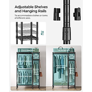 SONGMICS Garment Rack Heavy Duty Clothes Rack, Freestanding Portable Wardrobe Closet for Hanging Clothes with 1 Storage Box, 8 Hooks, Adjustable Wire Shelves, 3 Hanging Rods, Black ULGR421B01