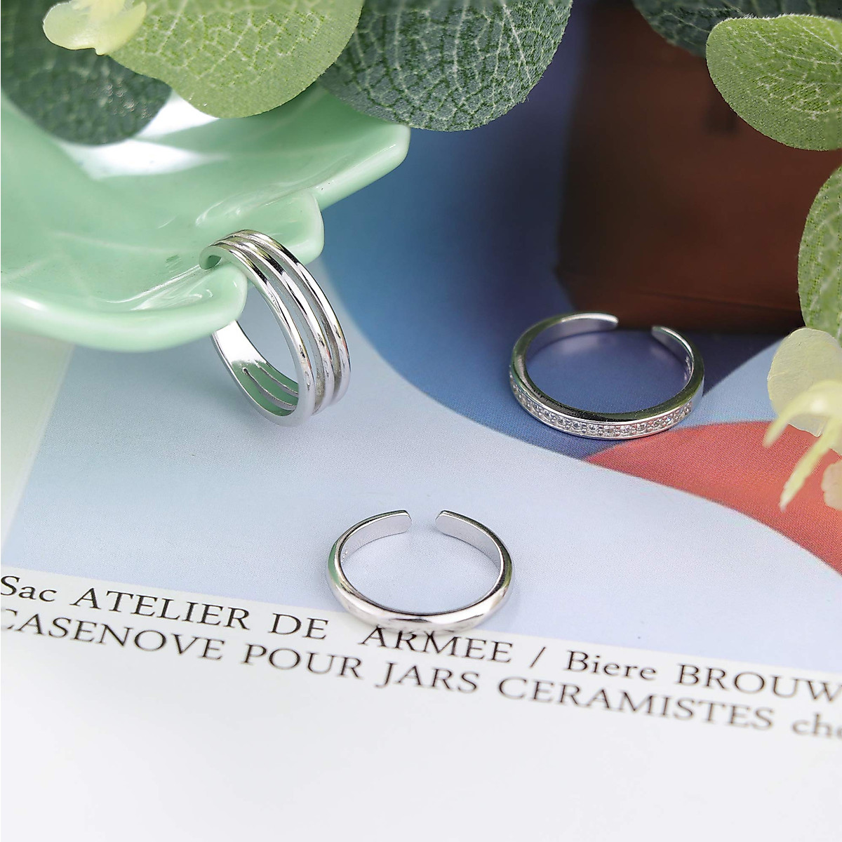 LOYALLOOK 925 Sterling Silver Open Toe Rings Set for Women Simple Thin CZ Tail Band Ring Adjustable