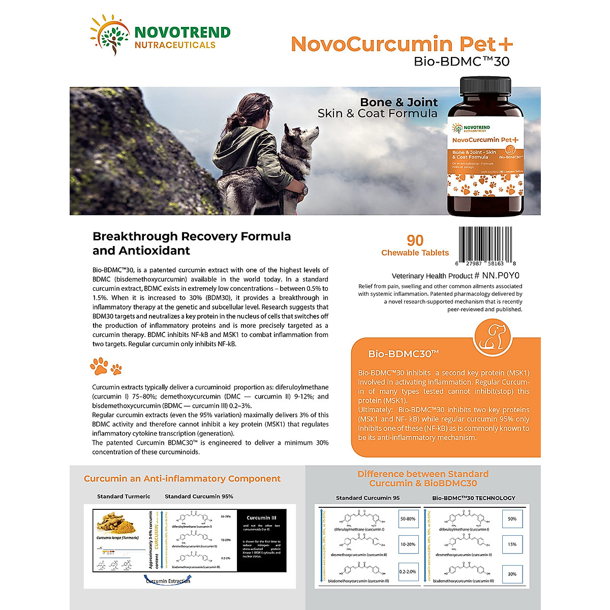 NovoCurcumin Pet+ BioBDMC30 Bone & Joint - Skin & Coat Formula - 90 Chewable Tablets