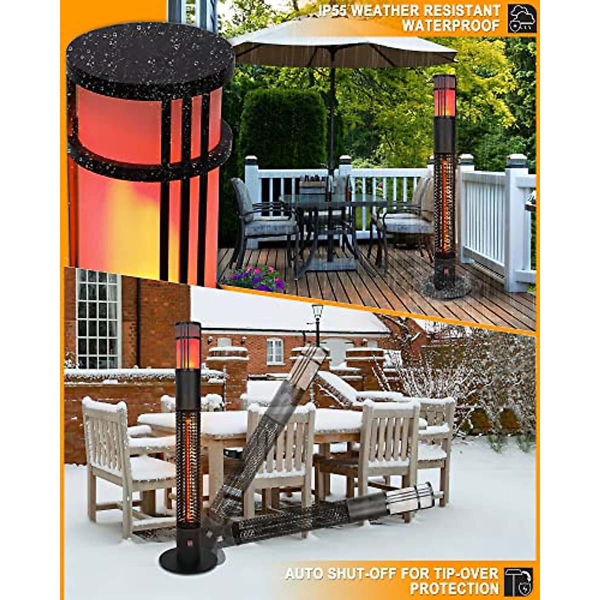 Star Patio Outdoor Freestanding Electric Patio Heater with LED Flame Light, Column Outdoor Heater Suitable as a Balcony Heater, Christmas Party Heater, Perfect for Outdoor Decoration, 1588-RDMF