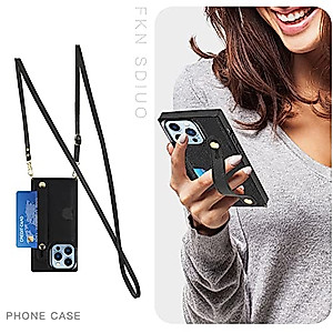 CCSmall for iPhone 13 Mini Wallet Case for Women,Removable Adjustable Strap Crossbody Card Holders Cover Neck Strap Lanyard Purse Shoulder Strap Kickstand Purse Case for iPhone 13 Mini KB Black