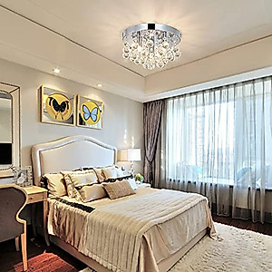 TISLYCO Modern Round Crystal Chandelier Light,3 Light Crystal Flush Mount Small Chandelier, Silver Modern Ceiling Lamps Raindrop Chandelier Crystal Light Fixture for Bedroom, Hallway