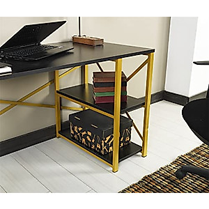 LLS Computer Desk, Work Table Writing Desk Gaming Table Workstation with 47" Wooden Top & 2 Shelves, Writing Sturdy Table Computer Desk with Gold Metal Frame for Home Office Furnish Store, Black