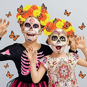 Day of The Dead Decorations Set of 3 Artificial Marigold Garland,30 Marigold Flowers with Stem,6 Butterfly,Dia de Los Muertos Decorations for Halloween Diwali Indian Party