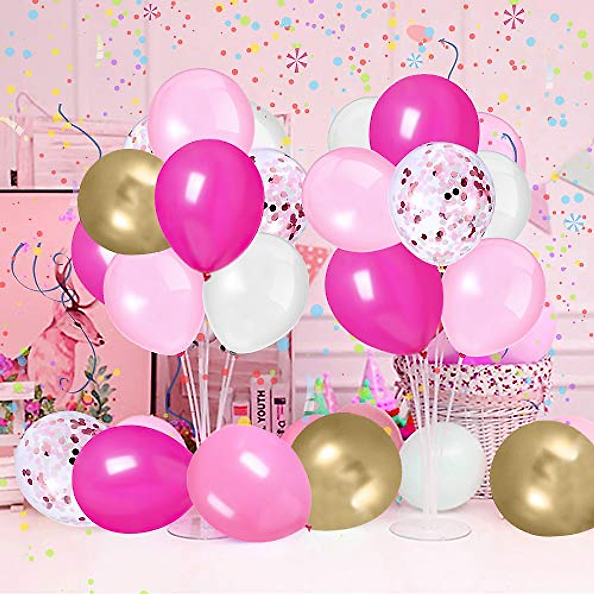 Pink Gold Confetti Latex Balloons, 50pcs 12 inch Pink and Gold Metallic White Balloons for Birthday Wedding Baby Shower Party Decorations