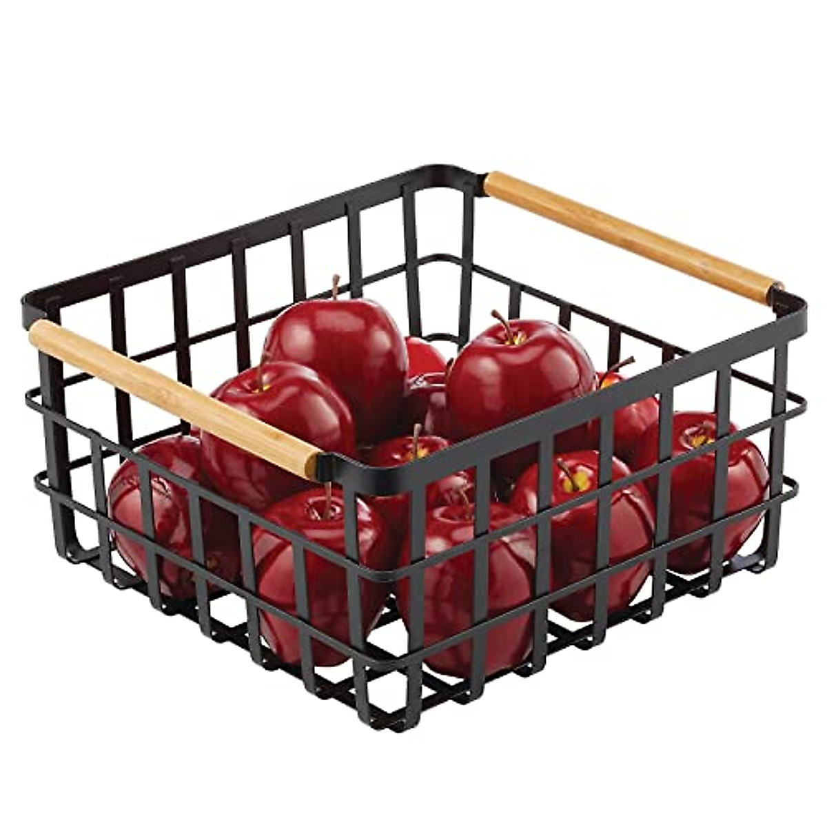 mDesign Metal Wire Storage Organizer Basket with Bamboo Wood Handles for Kitchen Pantry, Rustic Farmhouse Bin to Store Fruit, Coffee, Spices, Supplies, Yami Collection, 8 Pack, Matte Black/Natural/Tan