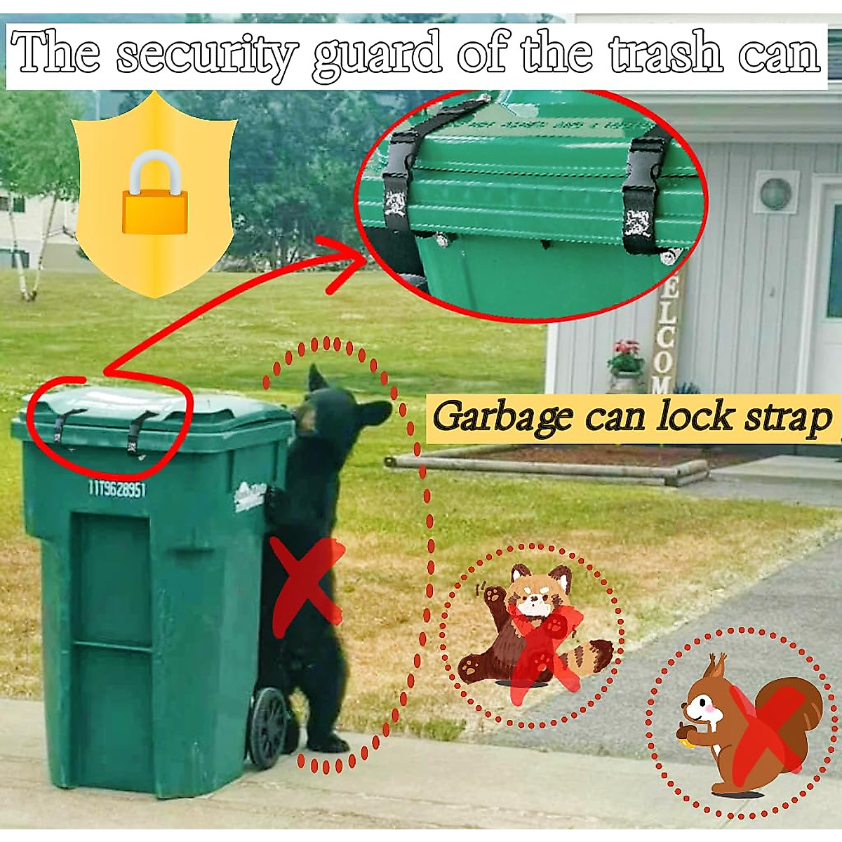 SPMKTQK Trash Can Lock, 4Pcs Trash Can Locks for Animals-Long Lasting, Adjustable Garbage Can Lid Locks for Outside Squirrel, Bear Proof Trash Can Lid Lock, Garbage Can Locks for Various Bins (4)