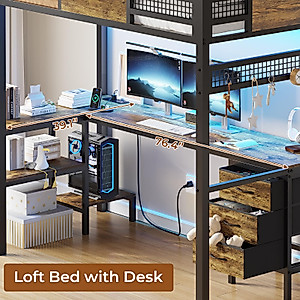 BTHFST Twin Loft Bed with L-Shaped Desk, Metal Twin Size Bed Frame with LED Lights & Charging Sation, 3 Fabric Drawers, 2-Tier Storage Shelves, Safety Guard & Ladder, No Box Spring Needed