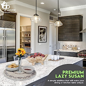 Lazy Susan Organizer Turntable, Low Profile 18” Round Beautiful White Washed Wood with Engraved Artistic Design – Great Gift for Dinner Table, Kitchen