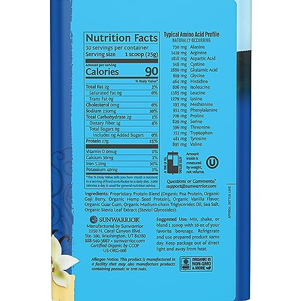 Sunwarrior Vegan Protein Powder Organic Plant-Based Protein | BCAA Amino Acids Hemp Seed Plant Protein | Soy Free Dairy Free Gluten Free Synthetic Free Non-GMO | Vanilla 30 Servings | Warrior Blend