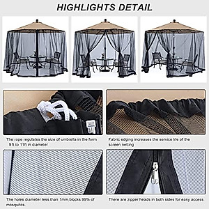 OUTDOOR WIND 9FT-11FT Patio Umbrella Netting with Zipper Door and Weight Bags,Black