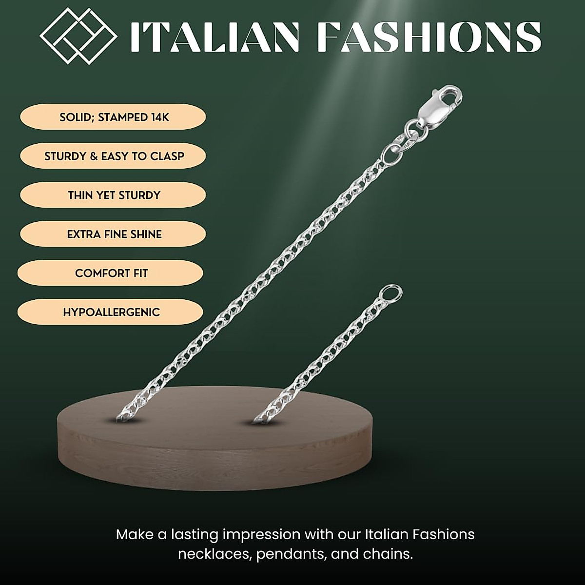 ITALIAN FASHIONS 14K Solid Gold Italian White Gold 1.5mm Flat Open wheat Link Chain Necklace- Made in Italy-14 Karat with Lobster Claw Clasp Include Gift Box with Order 22 Inches