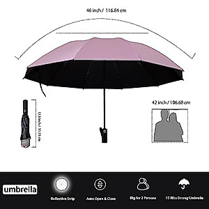 ALFROTEY Automatic Open Large Compact Reverse Umbrella for Rain and UV Protection Inverted Folding Umbrellas with Reflective Safe Stripe Portable for Men and Women (Pink, L)