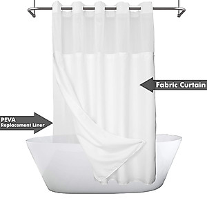 Long No Hook Slub Textured Shower Curtain with Snap-in PEVA Liner Set - 71" x 77"(75"), Hotel Style with See Through Top Window, Fabric Curtain & Waterproof Liner, White, 71x77