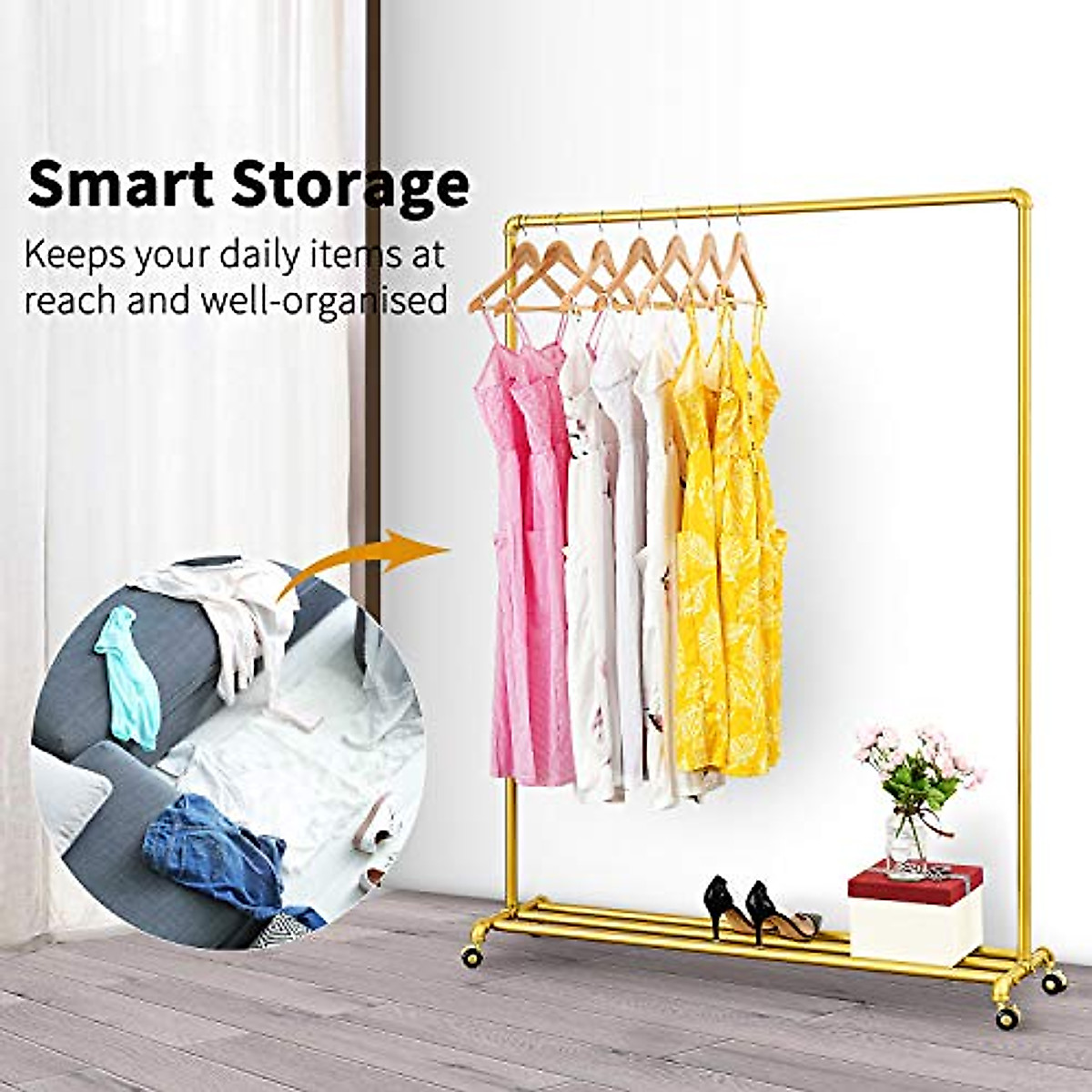 BOSURU Industrial Pipe Rolling Clothing Rack Garment Rack with Wheels Retail Display Clothes Racks Perfect for Laundry Rooms Bedrooms or Boutiques Gold