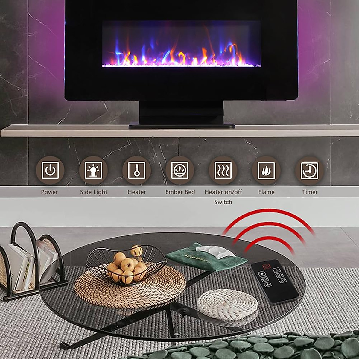 SLifet 36 Inch Curved Front Electric Fireplace,Freestanding Wall Mounted LED Fireplace Heater with Remote Control and Overheat Protection for Living Room Bedroom Office