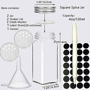 JZMYXA 2-Pack Glass Spice Jars Set, With Spice Labels, Chalk Marker, Funnel, Shaker Lids and Airtight Metal Caps Included, 4oz Empty Spice Bottles, Square/Cylinder (Square)