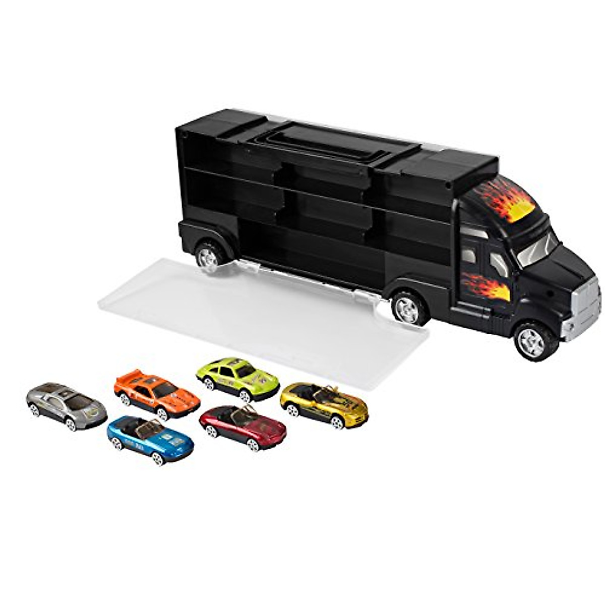 Transport Car Carrier Truck - with 6 Stylish Metal Racing Cars - with Carrying Case