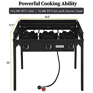 Bonnlo 3-Burner Outdoor Portable Propane Burner Stove 225,000-BTU Gas Cooker with Windscreen, Heavy Duty Iron Cast Patio Burner with Detachable Stand Legs for Camp Cooking