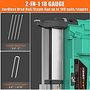 ENERTWIST 20V Cordless Brad Nailer 18 Gauge Nail Gun Battery Powered Including 2.0Ah Li-ion Battery 2 in 1 Cordless Nail/Staple Gun w/Lithium-Ion Battery for Upholstery, Carpentry,Woodworking