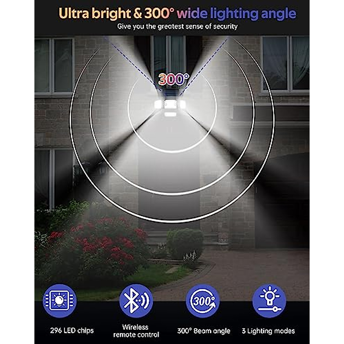 UTEBIT Solar Motion Sensor Flood Light, 4 Heads LED Security Lights, IP65 Waterproof Outdoor Wall Light, 3000LM Snowflake Lights, USB Chargeable 3 Modes Garden Yard Solar Lights for Outside