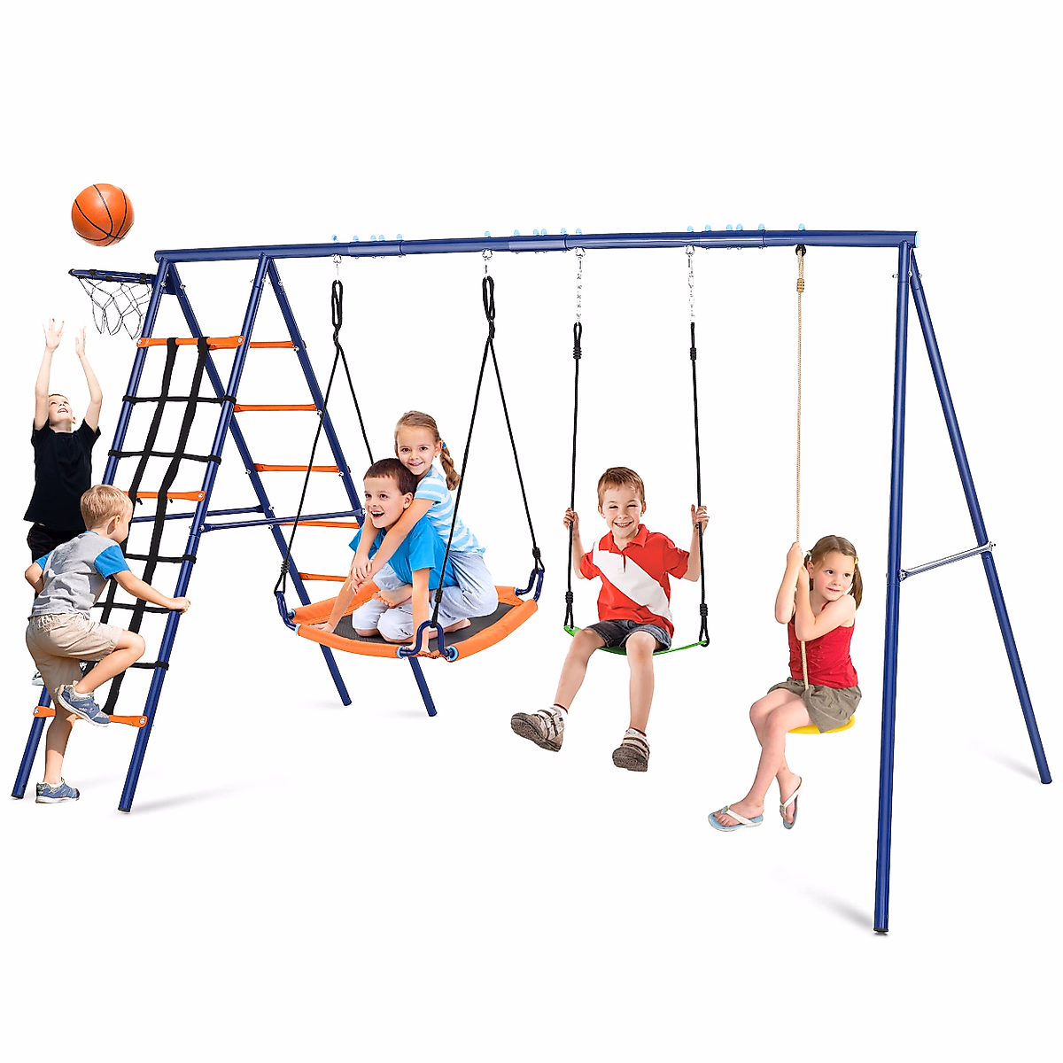 Legooin Swing Sets for Backyard, 550lbs-6 in 1 Heavy Duty Metal Swing Set with 3 Swings Climbing Net Ladder and Basketball Hoop, Waterproof Kids Swing Sets for Backyard for Indoor Outdoor Playground