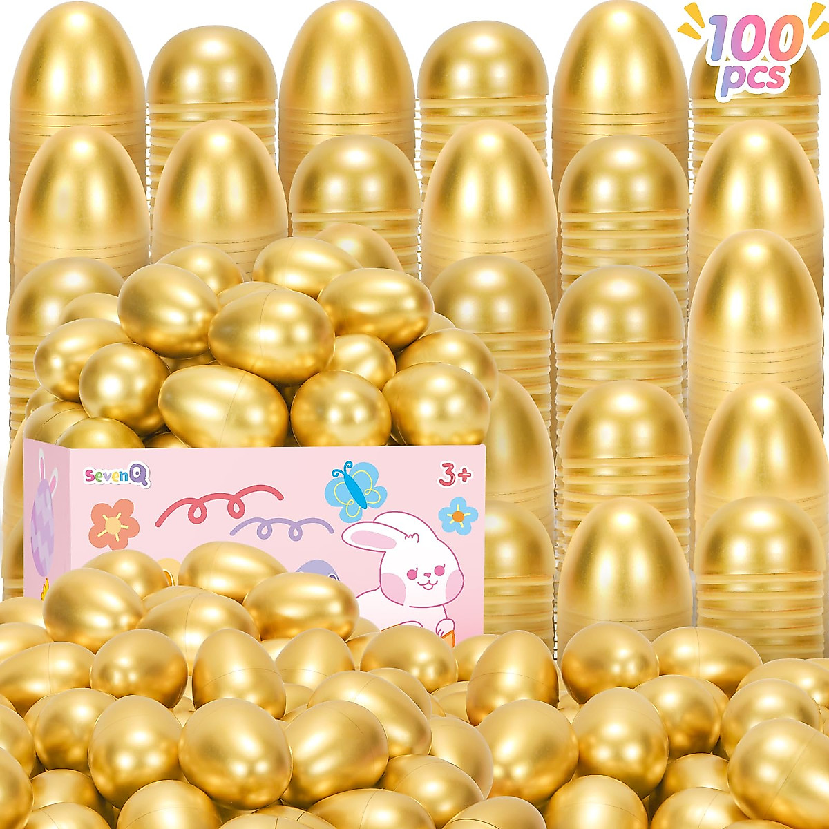 SevenQ Easter Eggs Empty 100Pcs, Fillable Plastic Golden Eggs for Easter Basket Stuffers Fidget Toy Easter Gifts for Kids Party Favors Pinata Treasure Box Candy Goodie Bags Fillers Egg Hunt Essentials