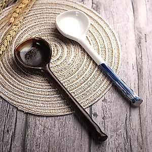 4pcs Japanese Ramen Soup Spoons Ceramic Asian Soup Spoons Retro Korean Style Tablespoon Rice Noodles Dinner Serving Spoon Ladles for Pho Miso Cereal Sauce Gravy Condiment (Style 1)