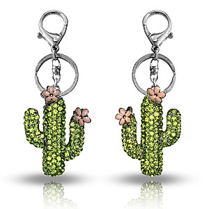 Sonoran Souvenirs Saguaro Cactus Green Rhinestone with Pink Flower Bling Bag Charm Southwest Key Chain Gifts Crystal Purse Charm Accessory for Outdoorsy Women