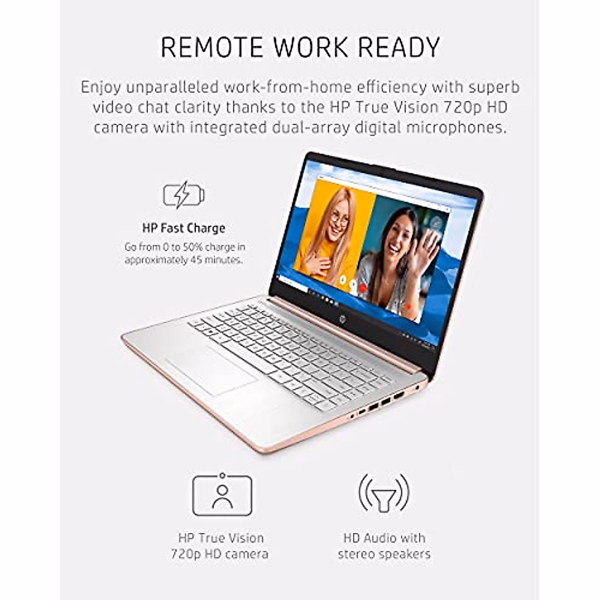 HP 14 Laptop, Intel Celeron N4020, 4 GB RAM, 64 GB Storage, 14-inch HD Touchscreen, Windows 10 Home, Thin & Portable, 4K Graphics, One Year of Microsoft 365 (14-dq0070nr, 2021, Pale Rose Gold)