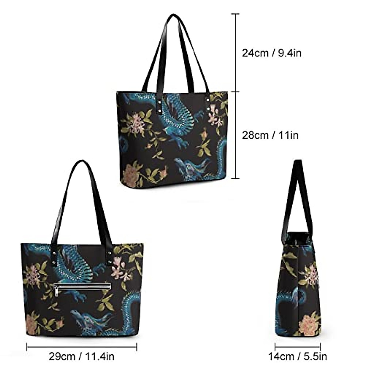 Womens Handbag Dragons And Roses Leather Tote Bag Top Handle Satchel Bags For Lady