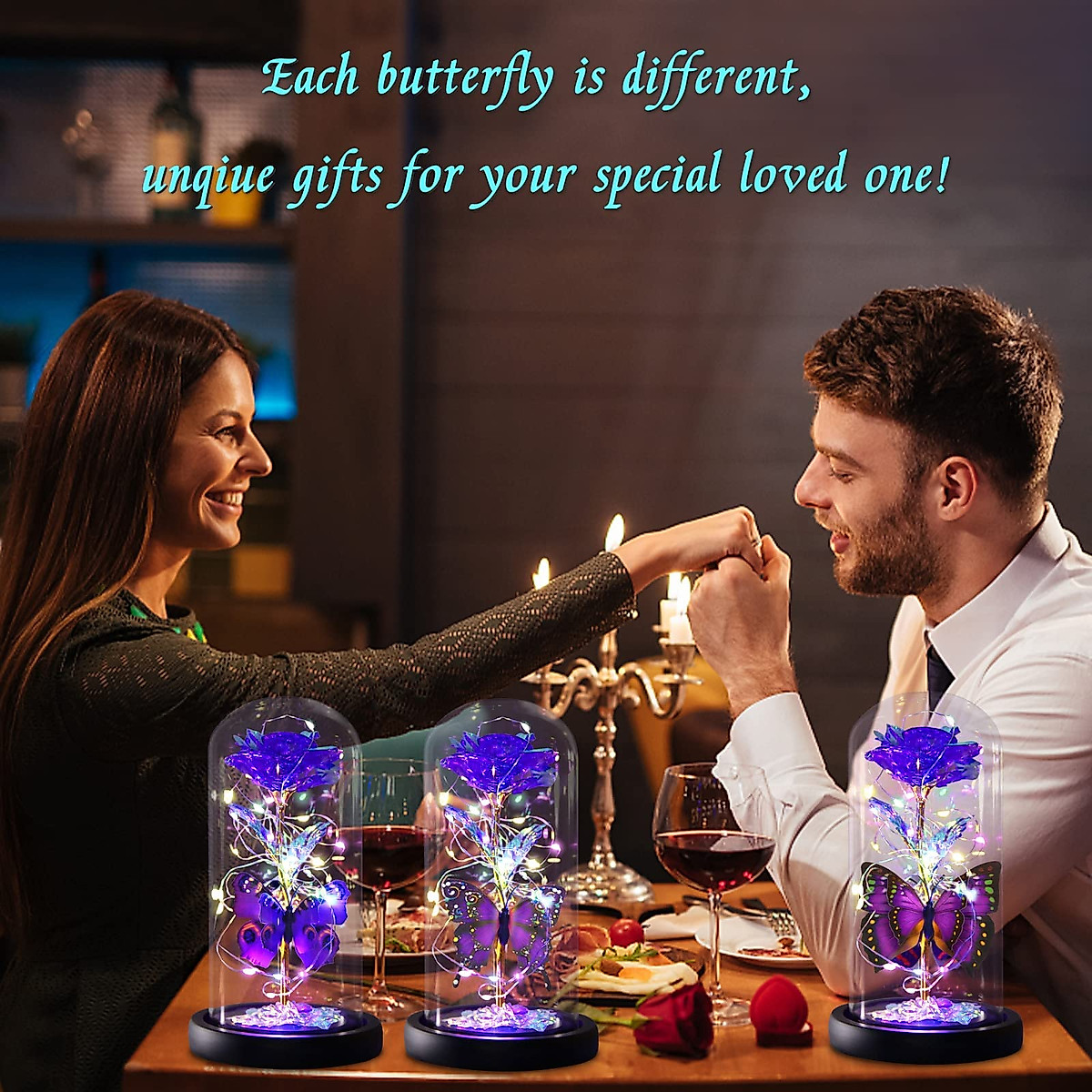 Valentines Rose Gifts for Her Birthday Flower Gift for Women, Galaxy Purple Butterfly Rose in Glass Dome, Light Up Forever Rose Birthday Gifts for Mom Anniversary Valentine's Day Eternal Rose Gift