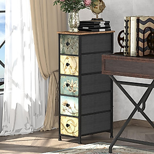 Tohomeor Narrow Storage Dresser Slim Dresser with Retro Flowers Fabric Drawers Vertical Skinny Cabinet for Small Spaces,Bathroom,Bedroom Closet Nightstand,Entryway Organizer (Retro Flower, 5 Drawers)