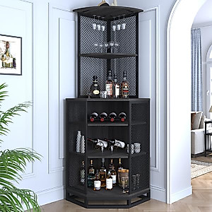IBF Tall Corner Bar Cabinet, Large Wood and Metal Liquor Cabinet with Wine Rack, Industrial Corner Wine Cabinet with Adjustble Shelf Storage, Home Bar Unit for Kitchen Living Room, Dark Gray, 71 Inch