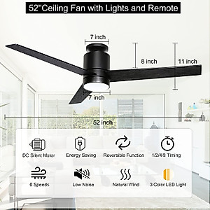 Flybull Ceiling Fans with Lights Flush Mount, 52 Inch Modern Black Ceiling Fan with Light and Remote Control - 3 Wood Blades LED Ceiling Fan Low Profile Ceiling Fan Light