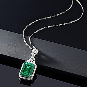 Gem Stone King 925 Sterling Silver Green Simulated Emerald Pendant Necklace For Women (7.10 Cttw, Emerald Cut 14X10MM, with 18 Inch Silver Chain)