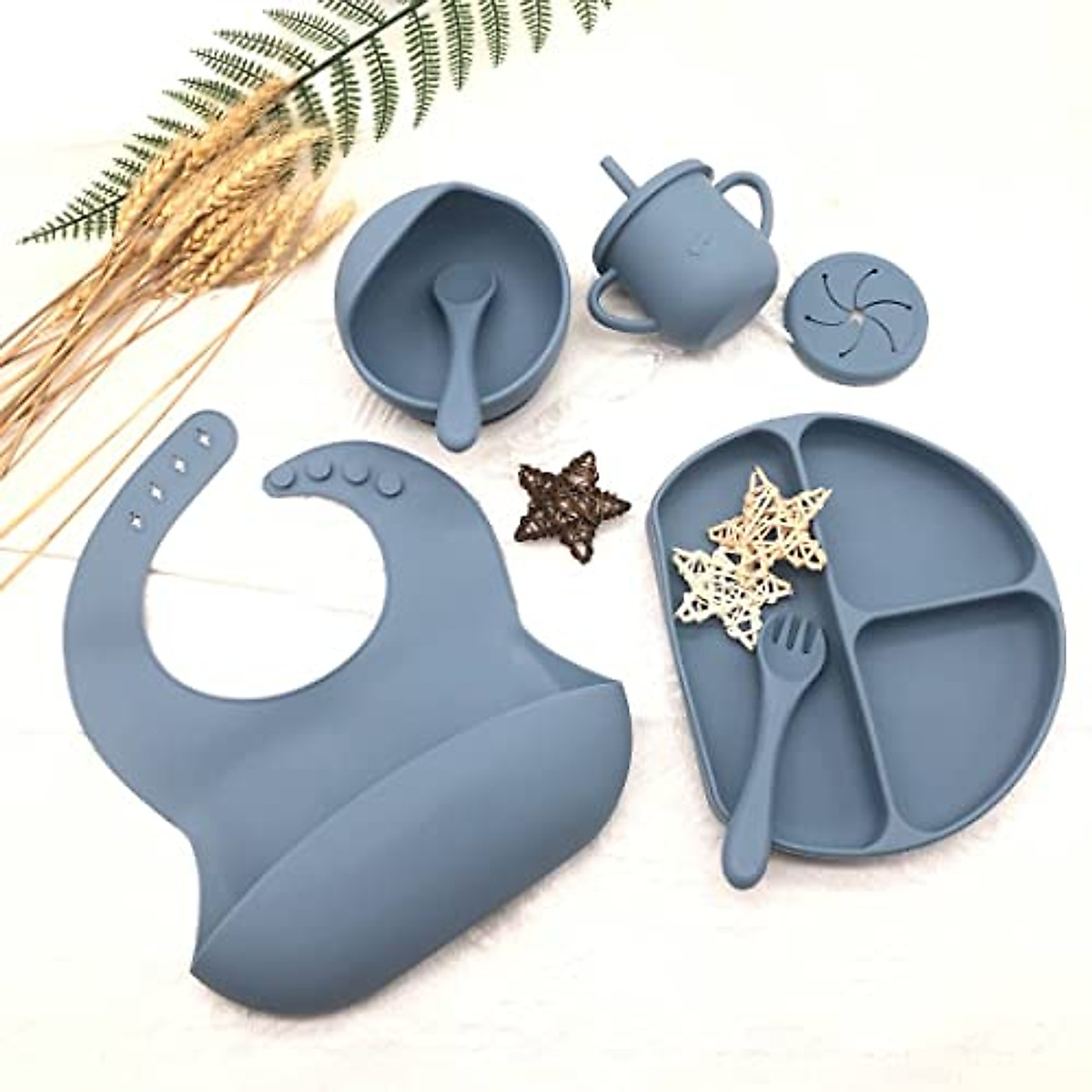 K-Universal Baby Feeding Bibs | 8pc Silicone Bibs for Babies | Bib Bowl Plate Cup Fork Spoon | Adjustable Divided Plate | Easily Wipe Clean | Less Cleaning Time After Toddler & Babies (Bubbly blue)