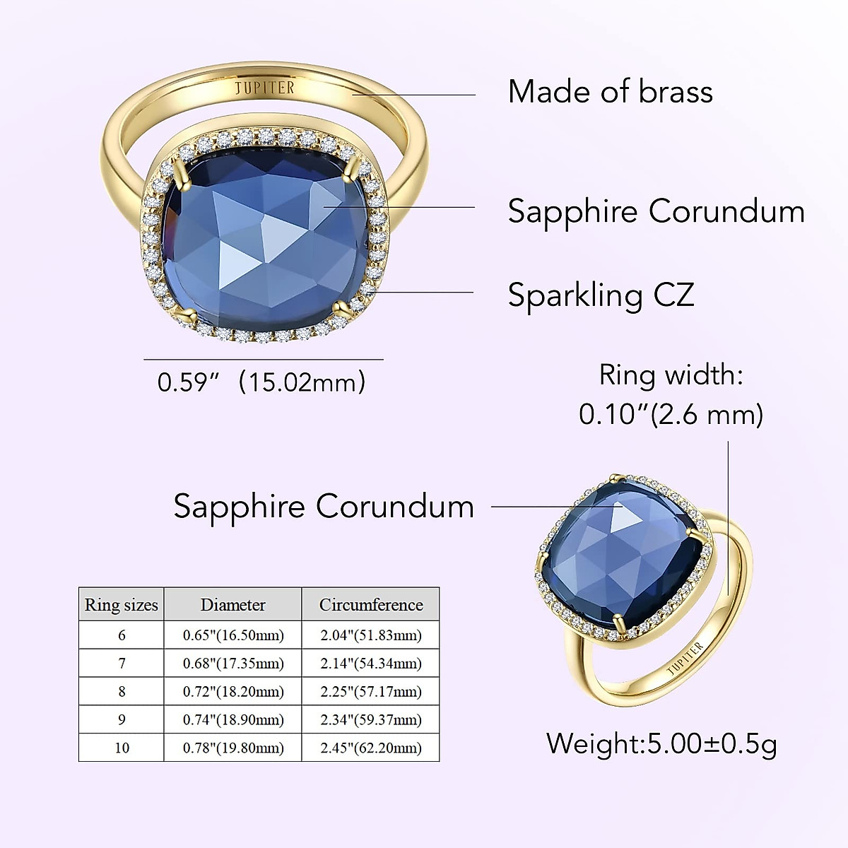 Jupiter Natural Sapphire Gemstone Ring - 14k Gold Plated Genuine Gemstone Women Ring, 0.47"/12mm Natural Birthstone Rings Jewelry Gifts for Valentine's Day, Mother's Day, Birthday Jewelry Gifts